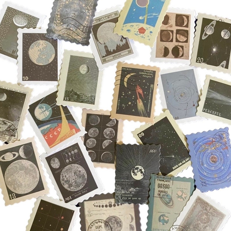 20+pcs MOON STICKER STAMPS Vintage Style Planets Space Faux Postage ...