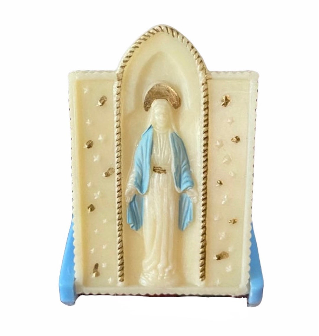 MINIATURE VIRGIN MARY Vintage Travel Icon Starry Plastic Easel ...
