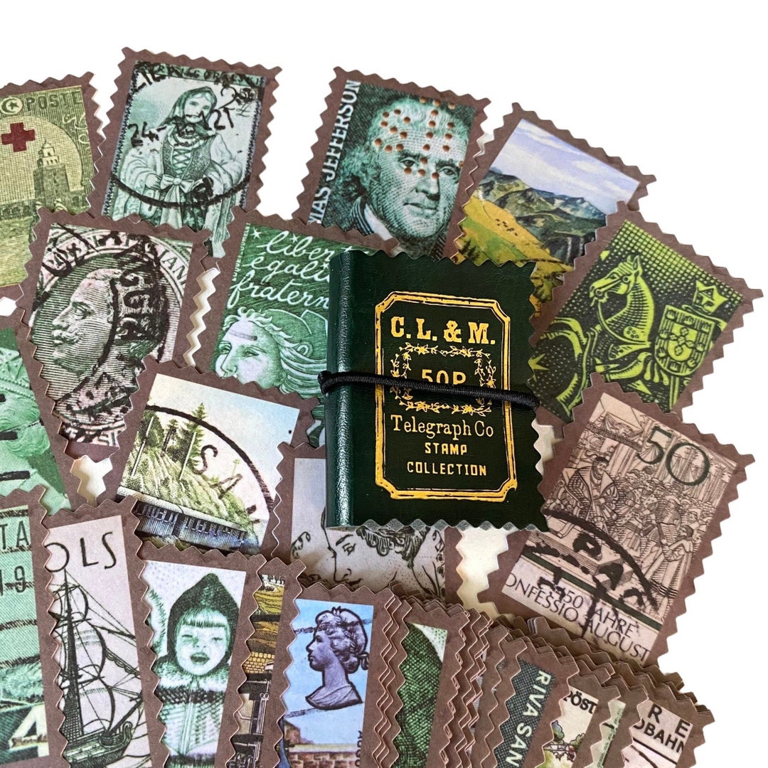 25pcs POSTAGE STAMP STICKERS 2" Vintage Style Mail Art Ephemera Faux ...