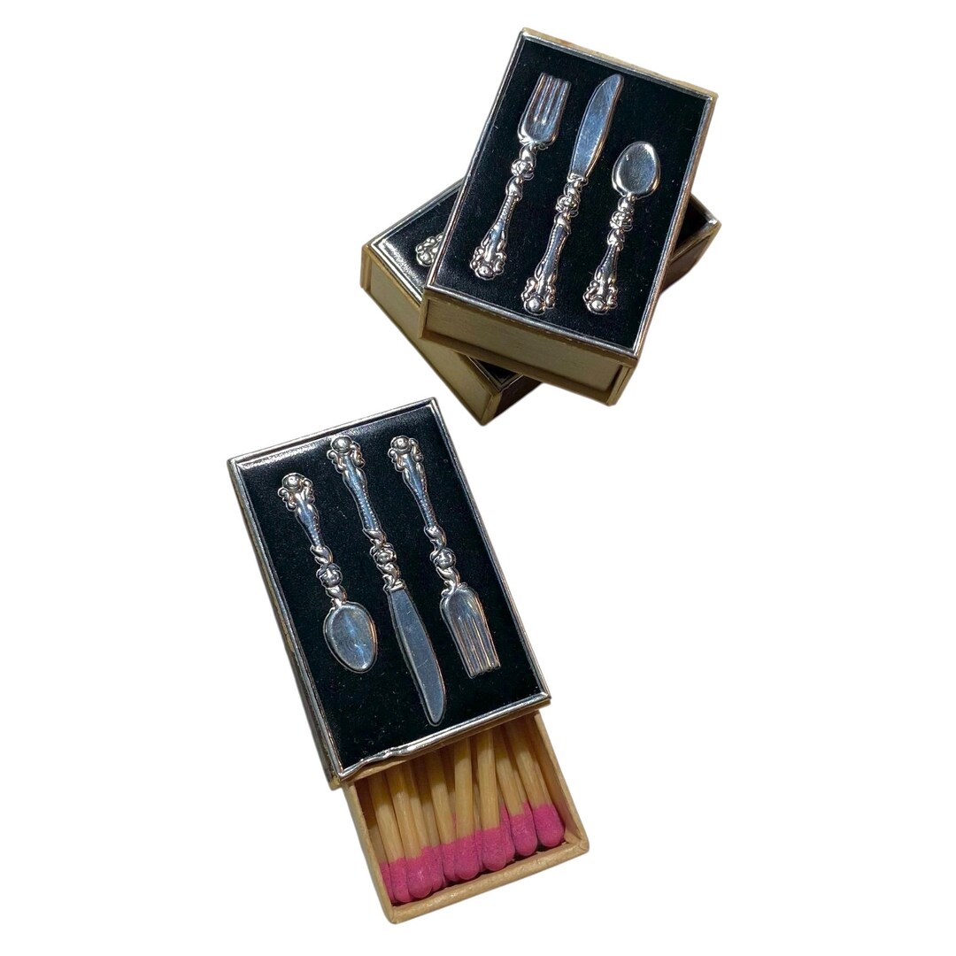 1pc TINY MATCH BOX 1-5/8" Vintage Miniature Silverware Embossed Sliding ...