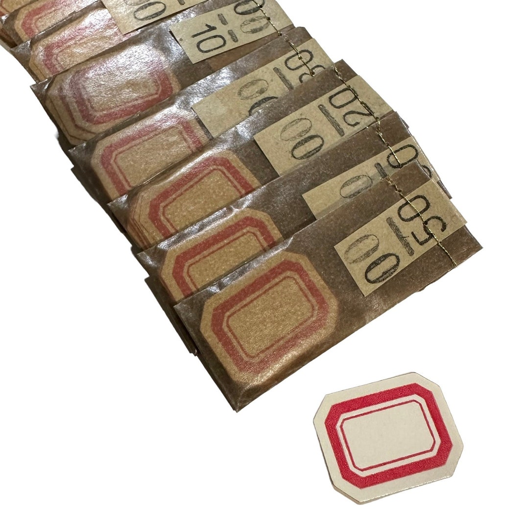 12pcs TINY GUMMED LABELS 7/8" Vintage Embossed Red Border Stitched in ...