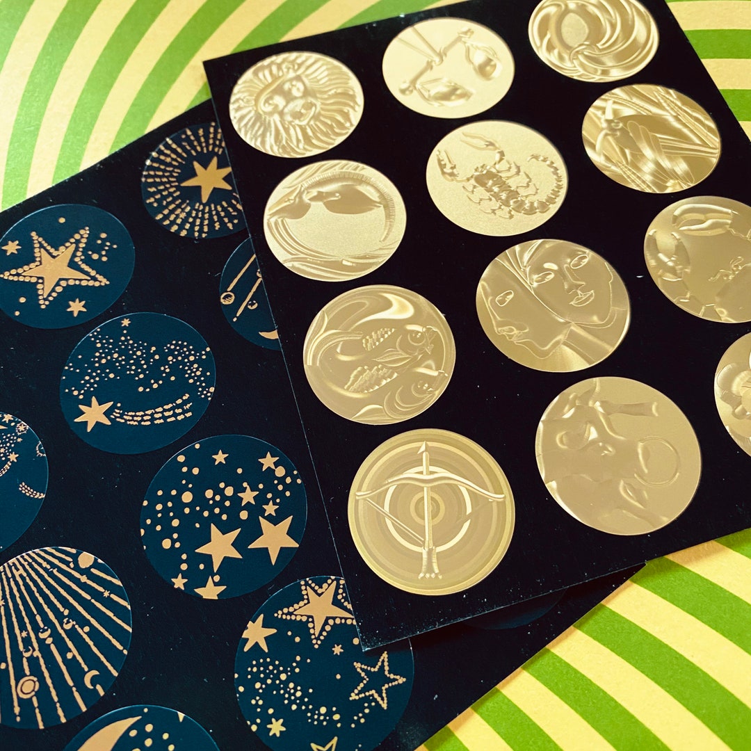 48pcs HOLOGRAPHIC ZODIAC STICKERS Vinyl Metallic Celestial Sun Moon ...