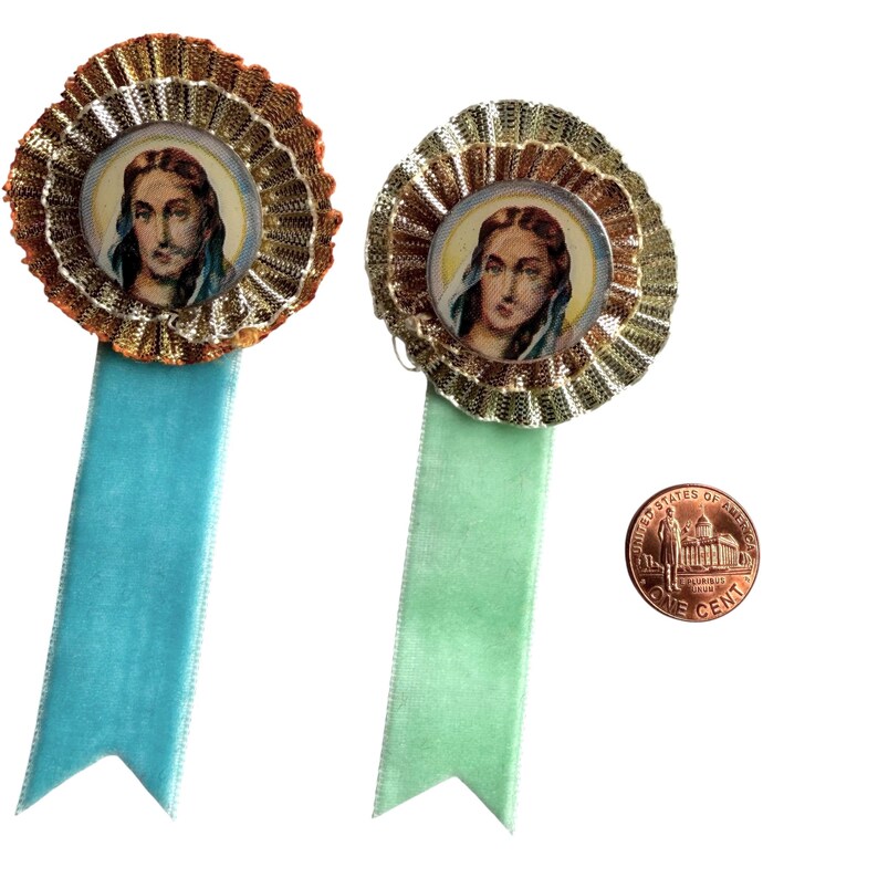 1 Vintage Flicker Award Ribbon Pin Jesus + Mary Religious Handmade ...