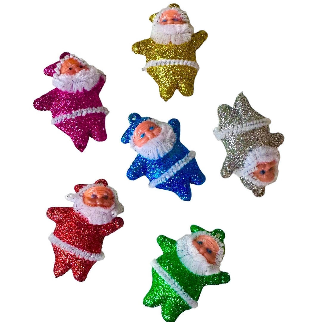 6pcs MINI GLITTER SANTAS 1.75" Vintage Style Chenille Beard Glittery ...