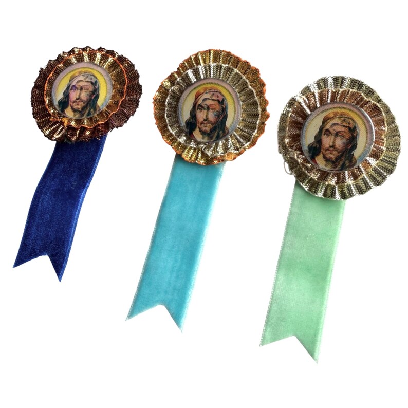 1 Vintage Flicker Award Ribbon Pin Jesus + Mary Religious Handmade ...