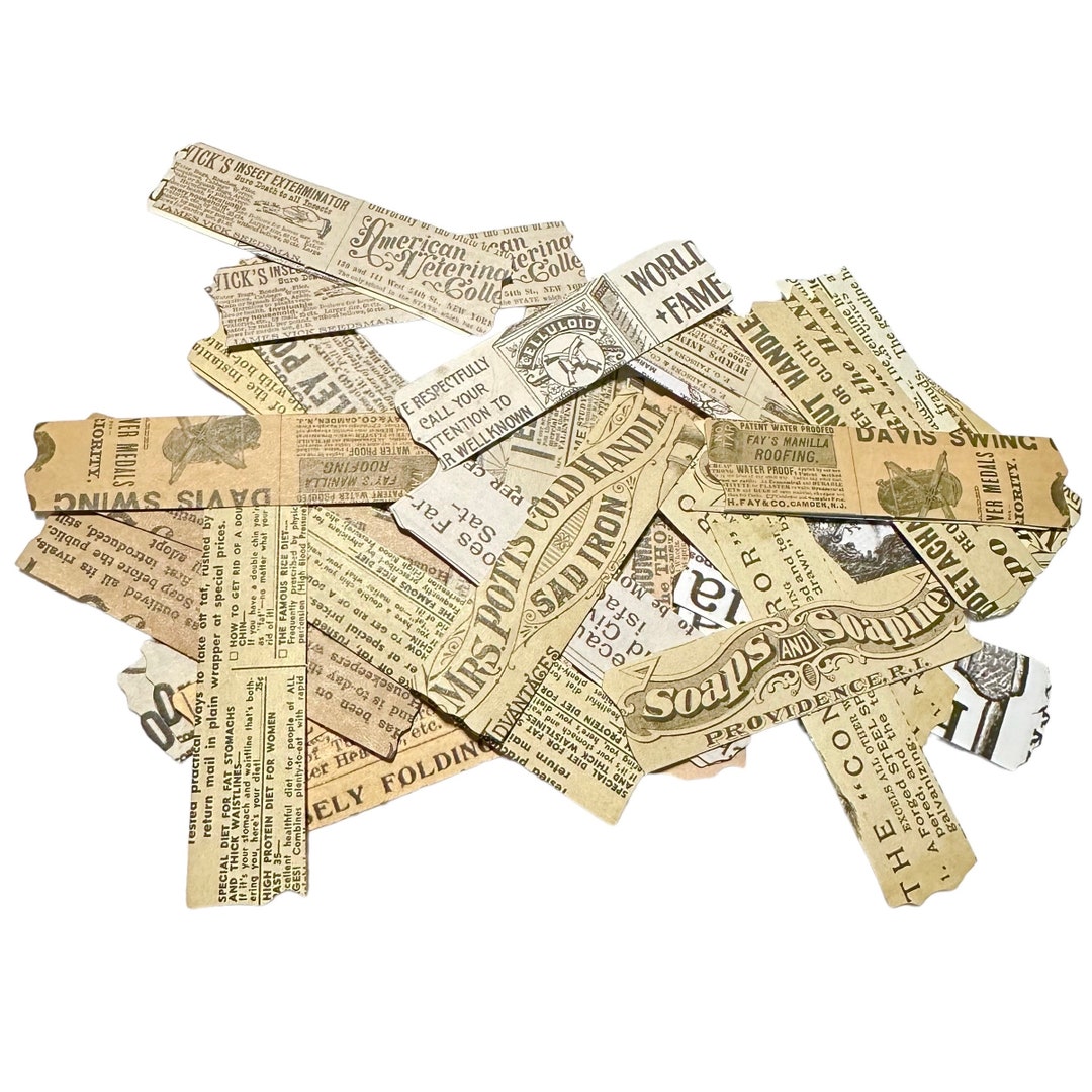 50pcs NEWSPAPER EPHEMERA STICKERS 2-3/8" Antique Style Snippets Matte ...