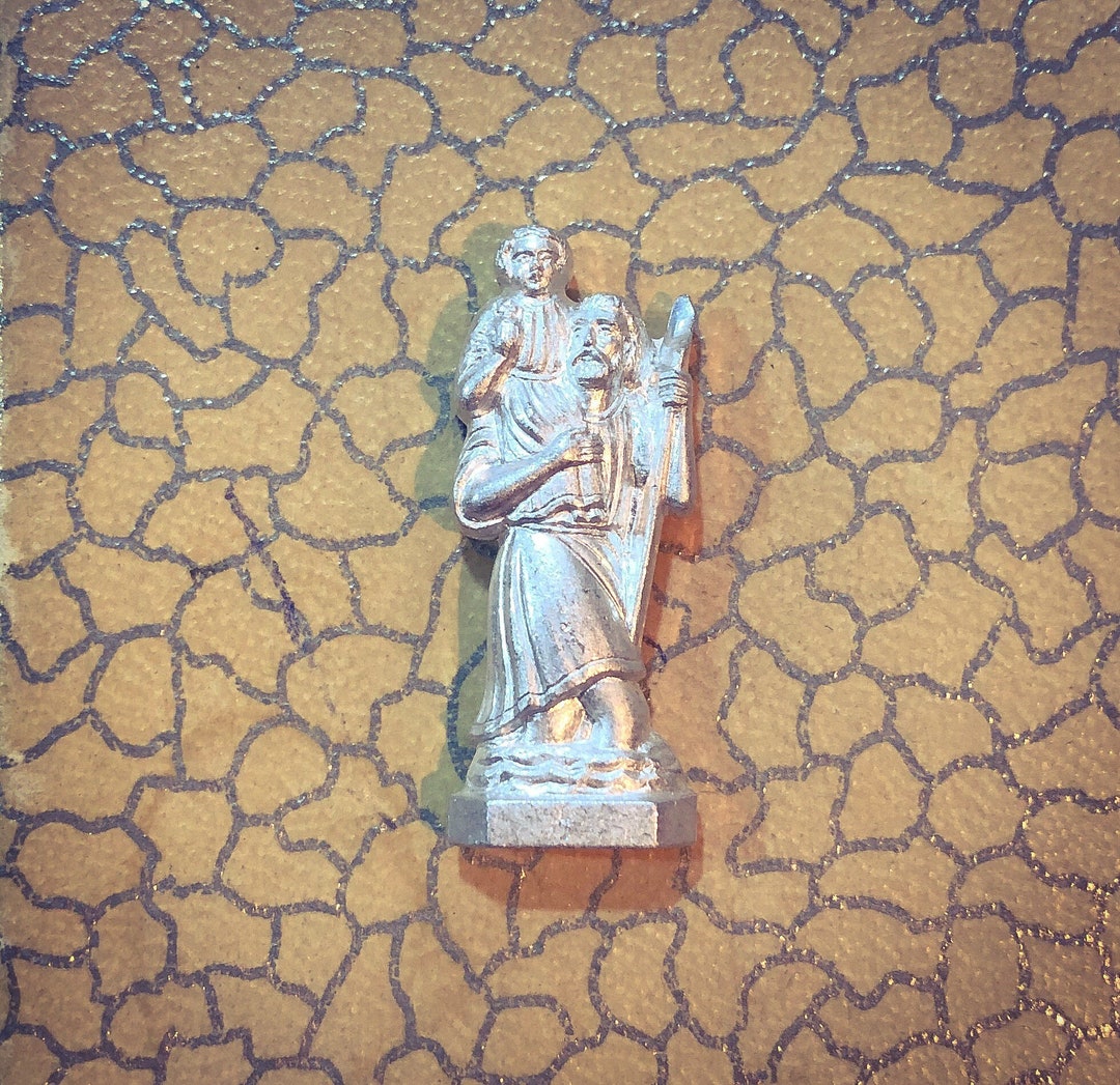 SAINT CHRISTOPHER STATUE 1" Vintage Pocket Shrine Religious Travel ...