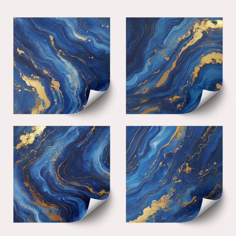 Royal Blue and Gold Digital Paper - 12 Pack Acrylic Pour Patterns ...
