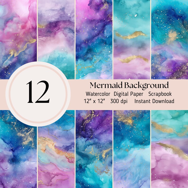 Mermaid Watercolor Background, Texture Digital Papers, 12 Pack ...