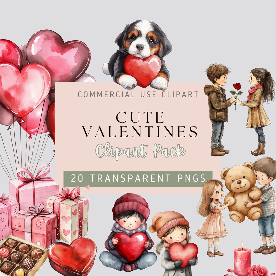Cute Valentines Clipart- 20 PNG Images, Transparent Background, High ...