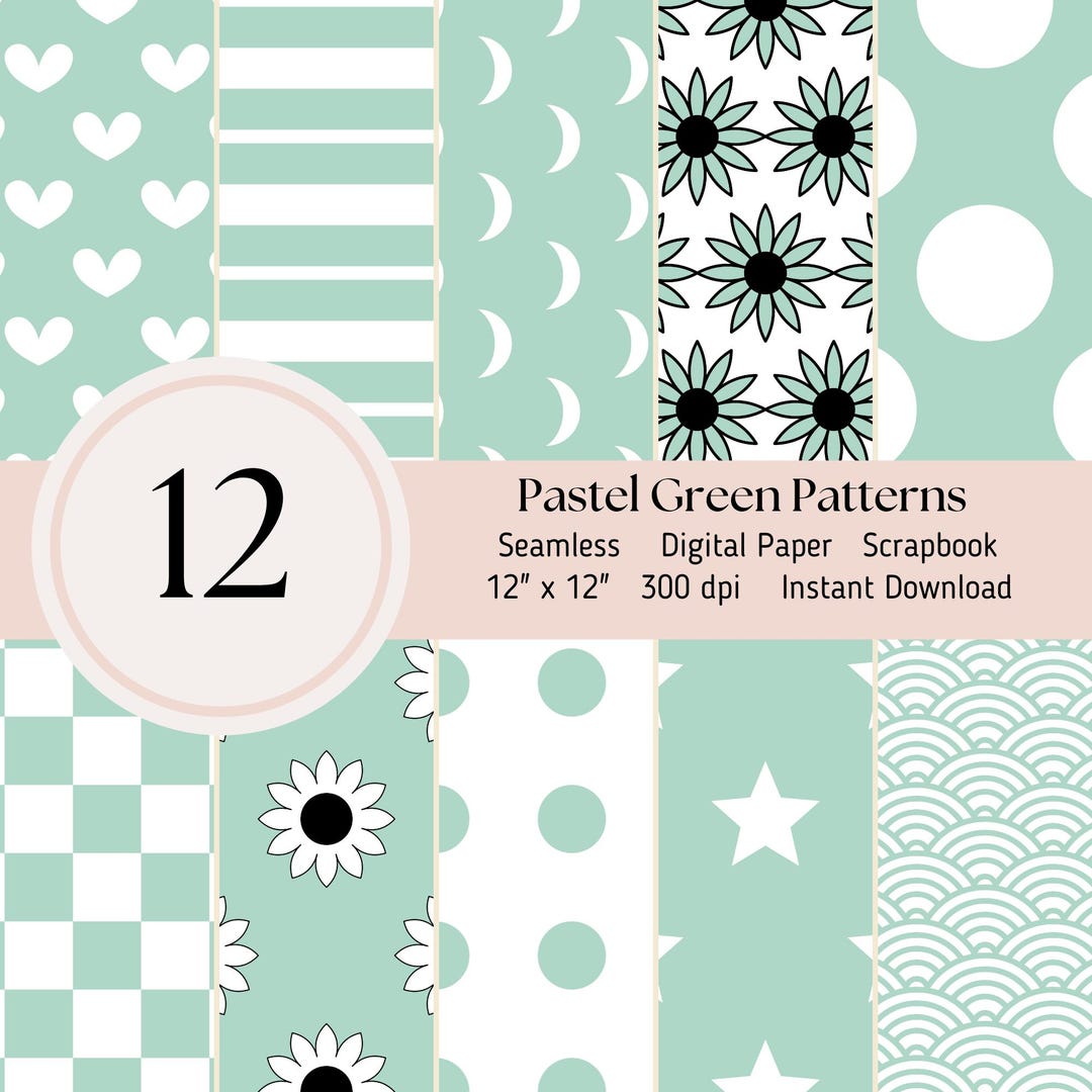 Pastel Green Seamless Pattern- 12 Digital Paper Pack, Background ...
