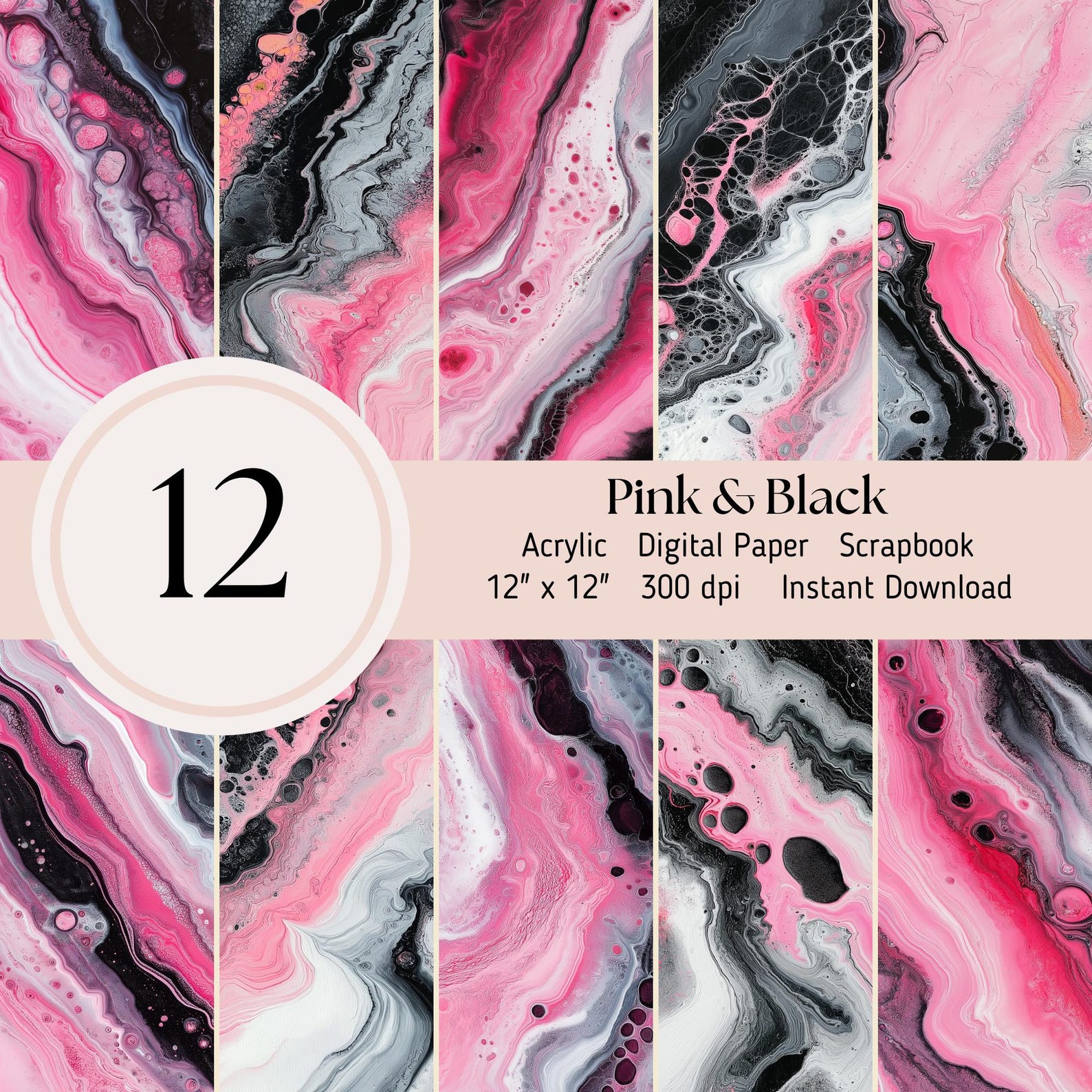 Pink and Black Dot Digital Paper - 12 Pack Acrylic Pour Patterns ...