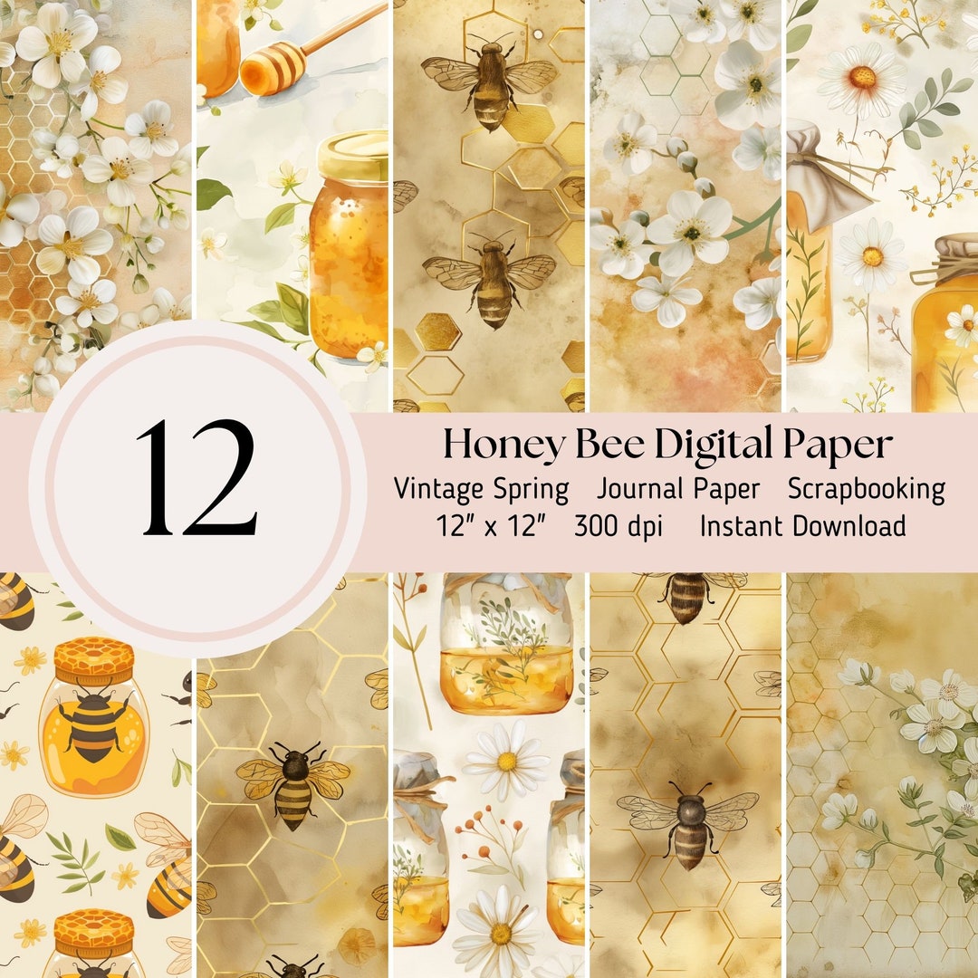 Honey Bee Digital Paper Pack- 12 Vintage Spring Bee Sheets, White ...