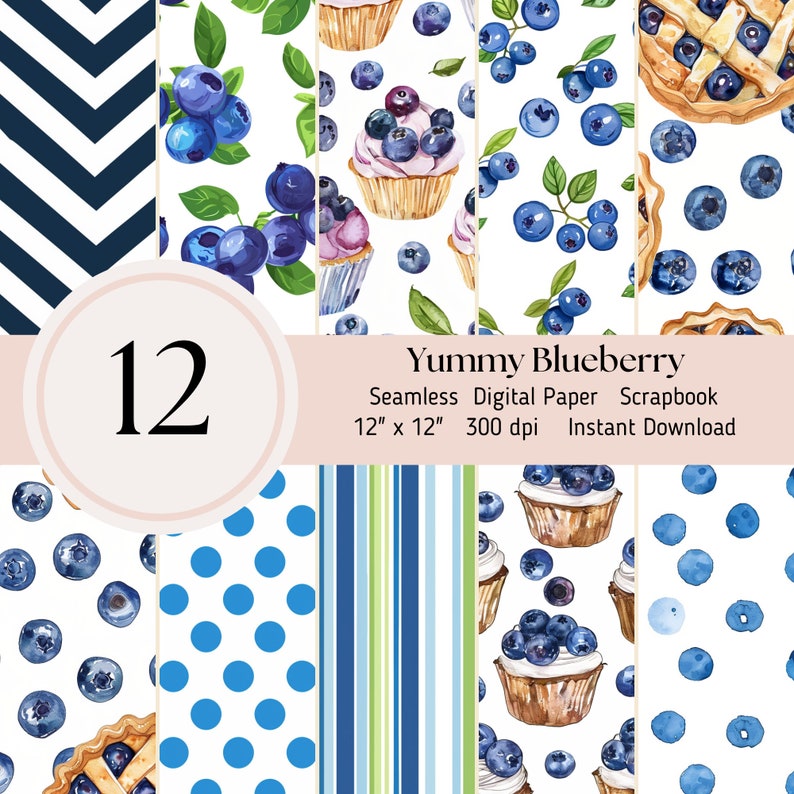 Blueberry Seamless Digital Paper 12 Pack Scrapbooking, Birthday ...