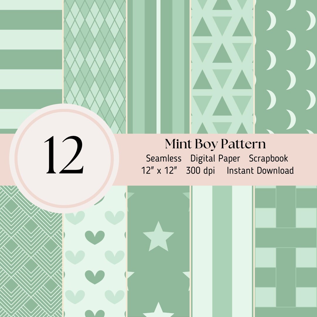Mint Boy Digital Paper - 12 Pack Seamless Background, Scrapbooking ...