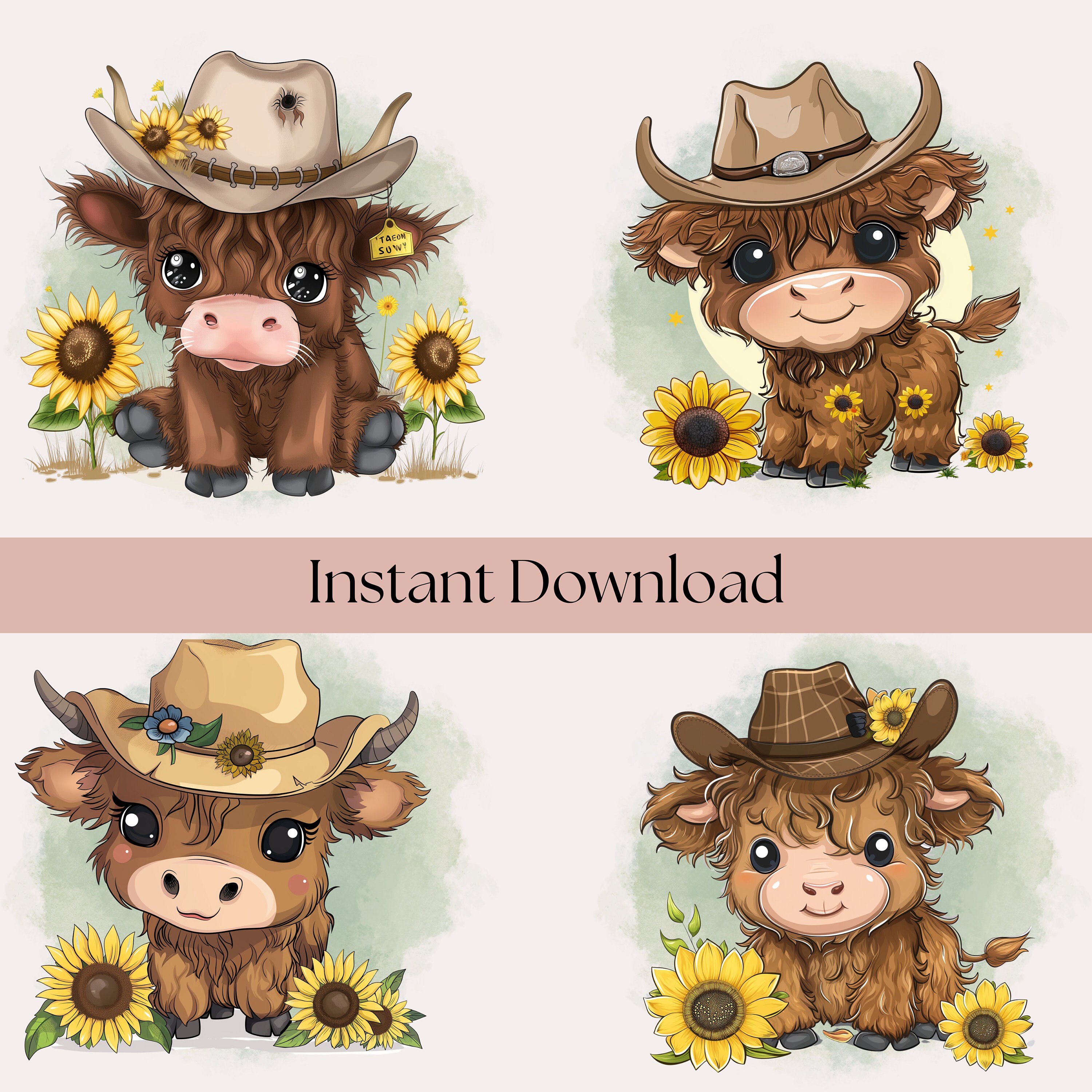 Cute Highland Cows PNG- Farm Animal Clipart for Commercial Use ...