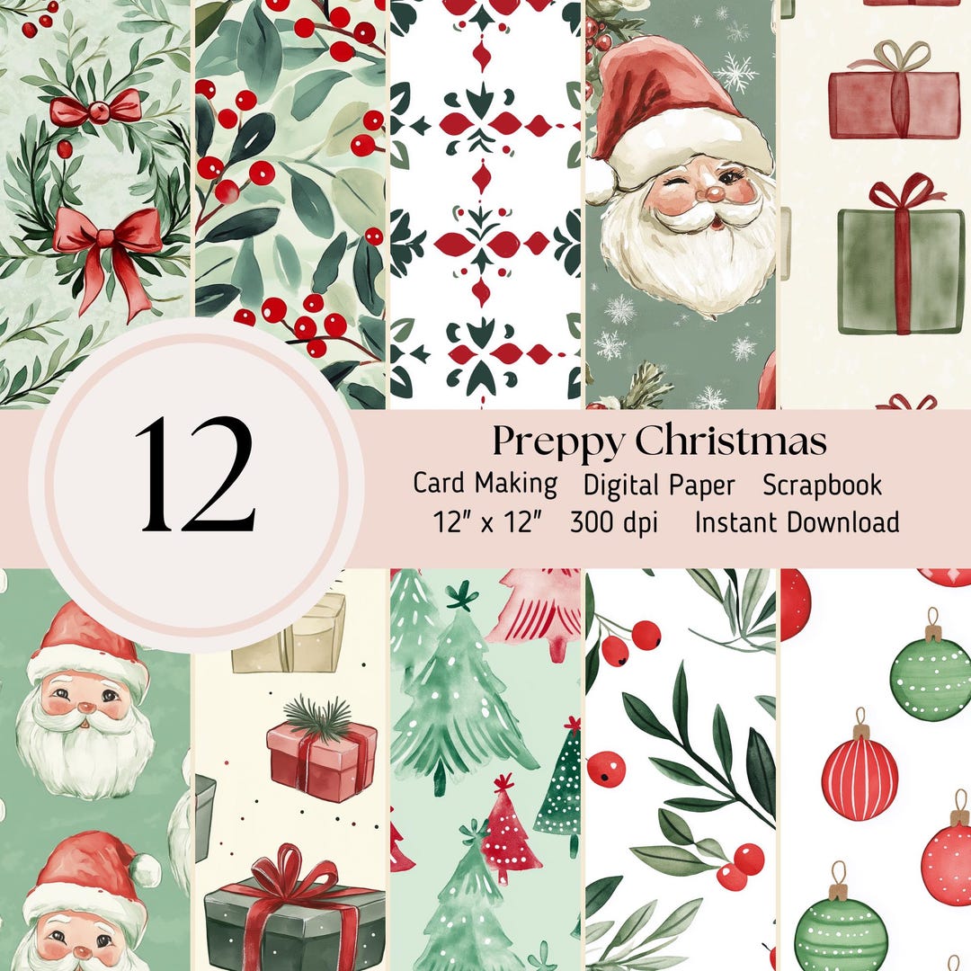 Preppy Christmas Papers- 12 Digital Paper Pack, Pattern, Background ...