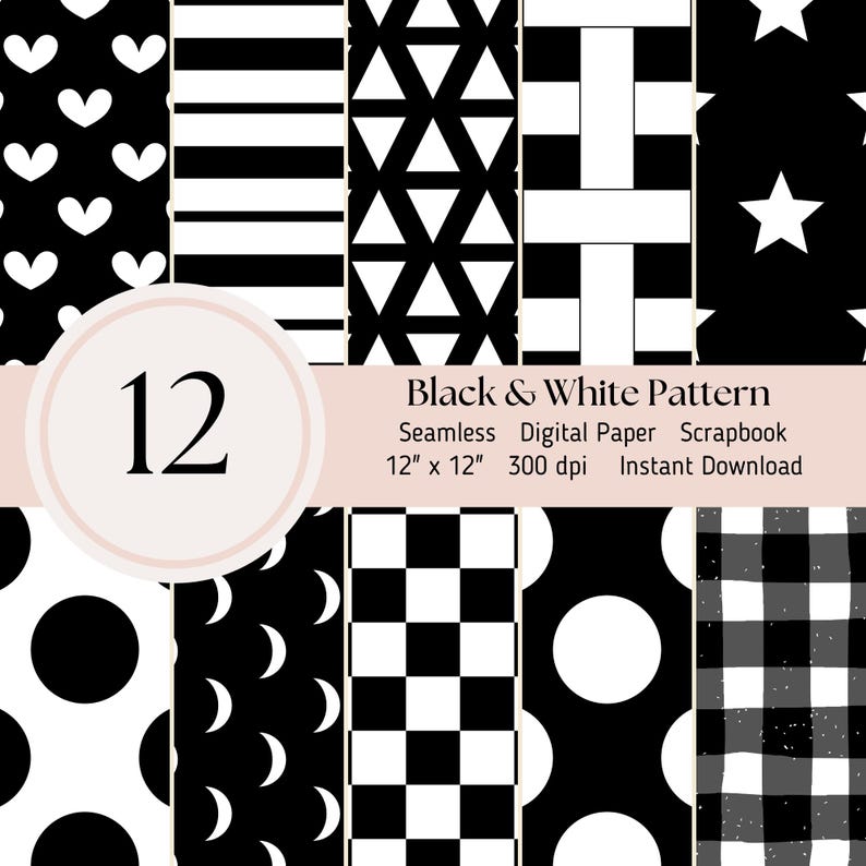 Black and White Seamless Digital Paper - 12 Pack Background ...