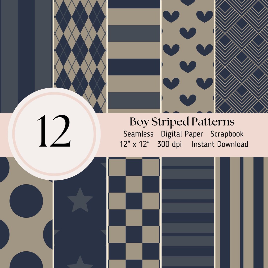 Boy Nursery Art Blue Stripe Digital Paper - 12 Pack Seamless Background ...