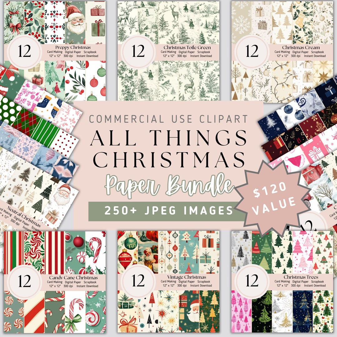 Traditional Christmas Digital Paper Pack, Christmas Toile Bundle ...
