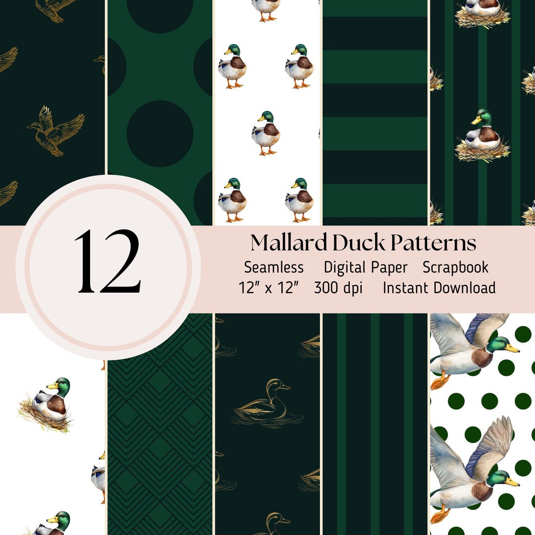 Mallard Duck Seamless Pattern- 12 Digital Paper Pack, Backgrounds ...
