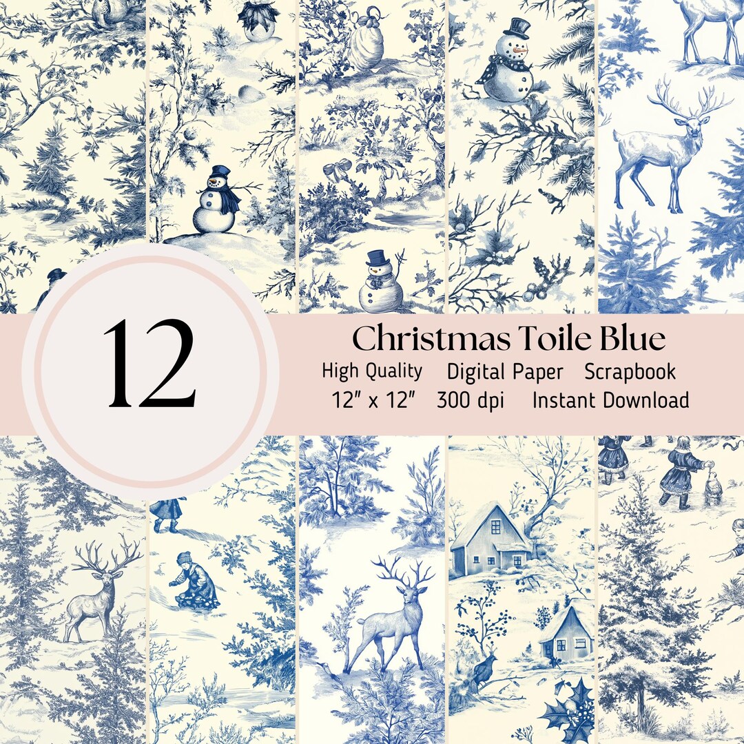 Christmas Toile Digital Download, Blue - 12 Pack, Background ...