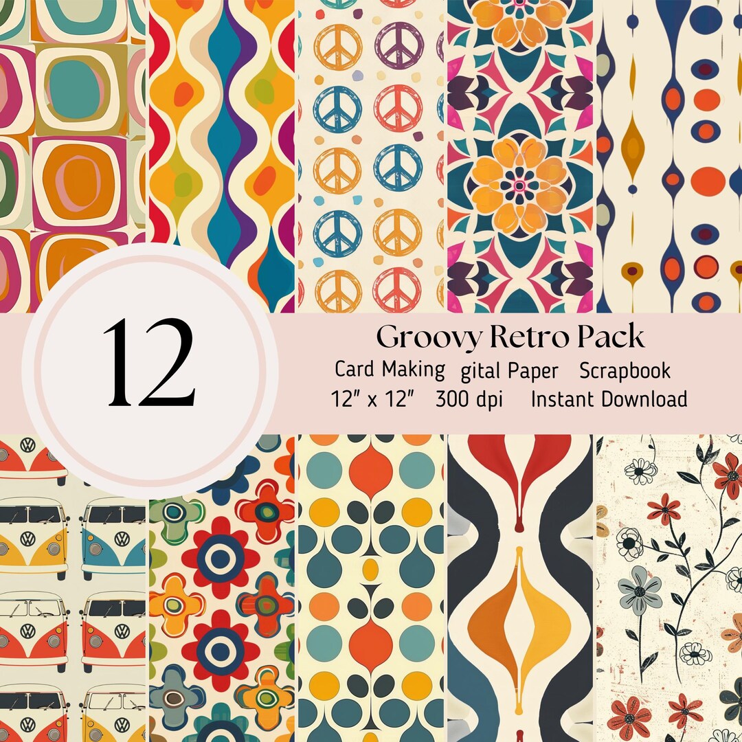 Retro Groovy Digital Papers, 12 Pack, Scrapbooking, Card Making ...