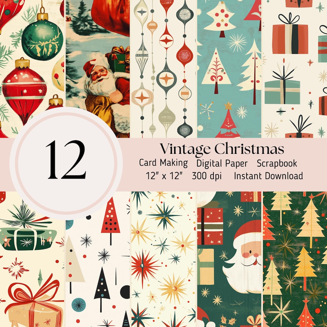 Vintage Santa Digital Paper- 12 Pack, Retro Christmas, Background ...