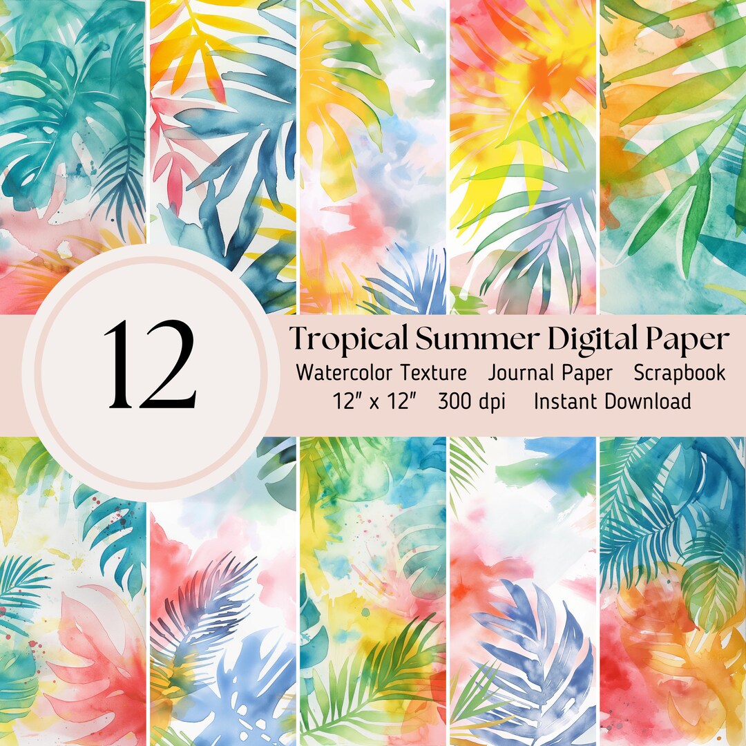 Tropical Watercolor Digital Paper Pack- 12 Bright Pack, Bright Colors ...