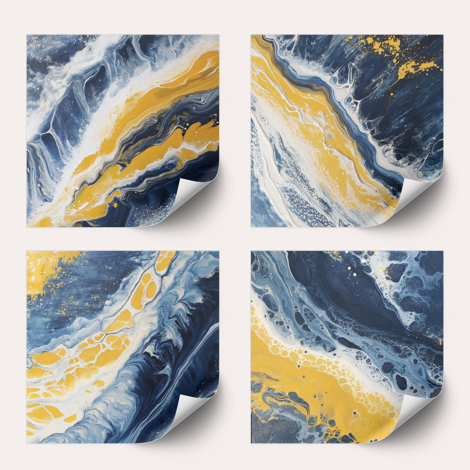 Navy Blue and Yellow Digital Paper- 12 Pack Acrylic Pour, Background ...