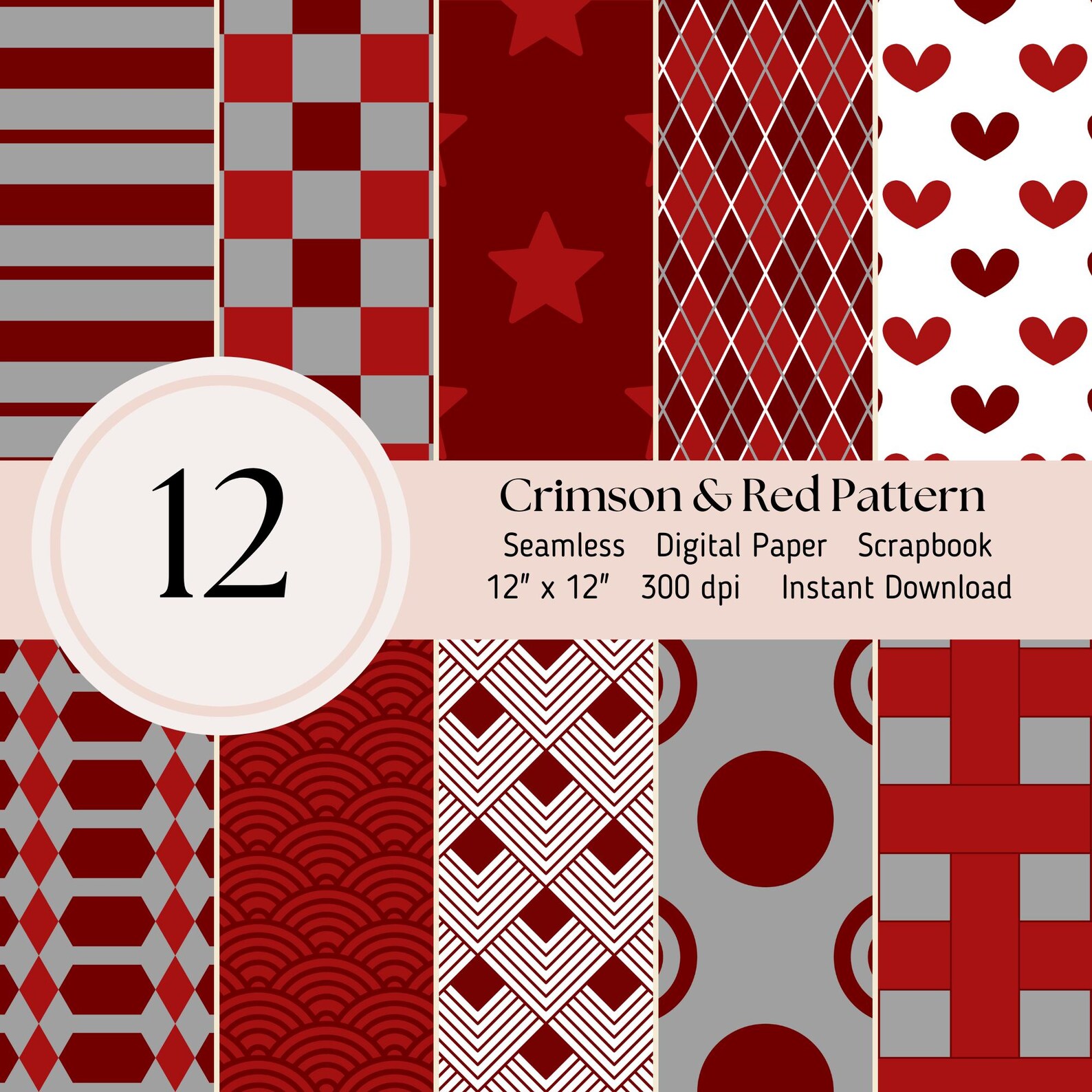 Red and Crimson Digital Papers - 12 Pack Seamless Background ...
