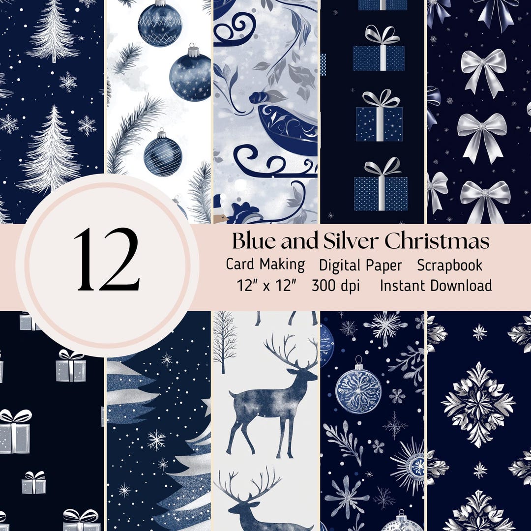 Navy Blue and Silver Christmas- 12 Digital Paper Pack, Pattern ...