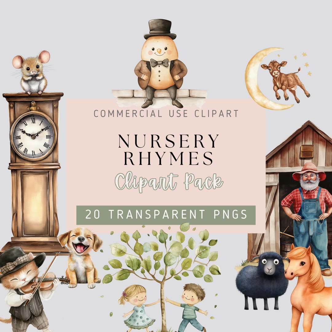 Watercolor Nursery Rhyme Clipart- 20 PNG Images, Transparent Background ...