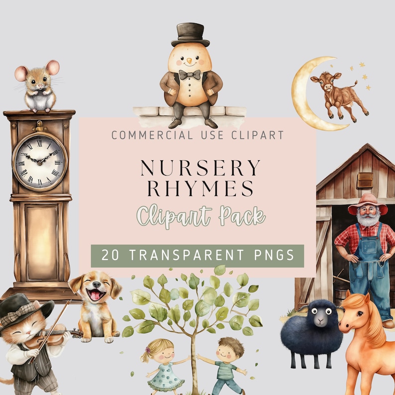 Watercolor Nursery Rhyme Clipart- 20 PNG Images, Transparent Background ...