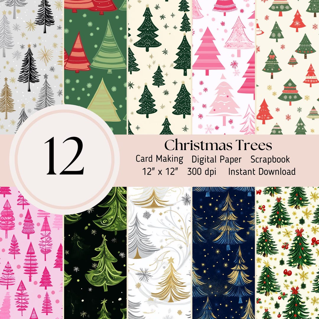 Christmas Tree Digital Paper - 12 Pack Patterns, Background ...
