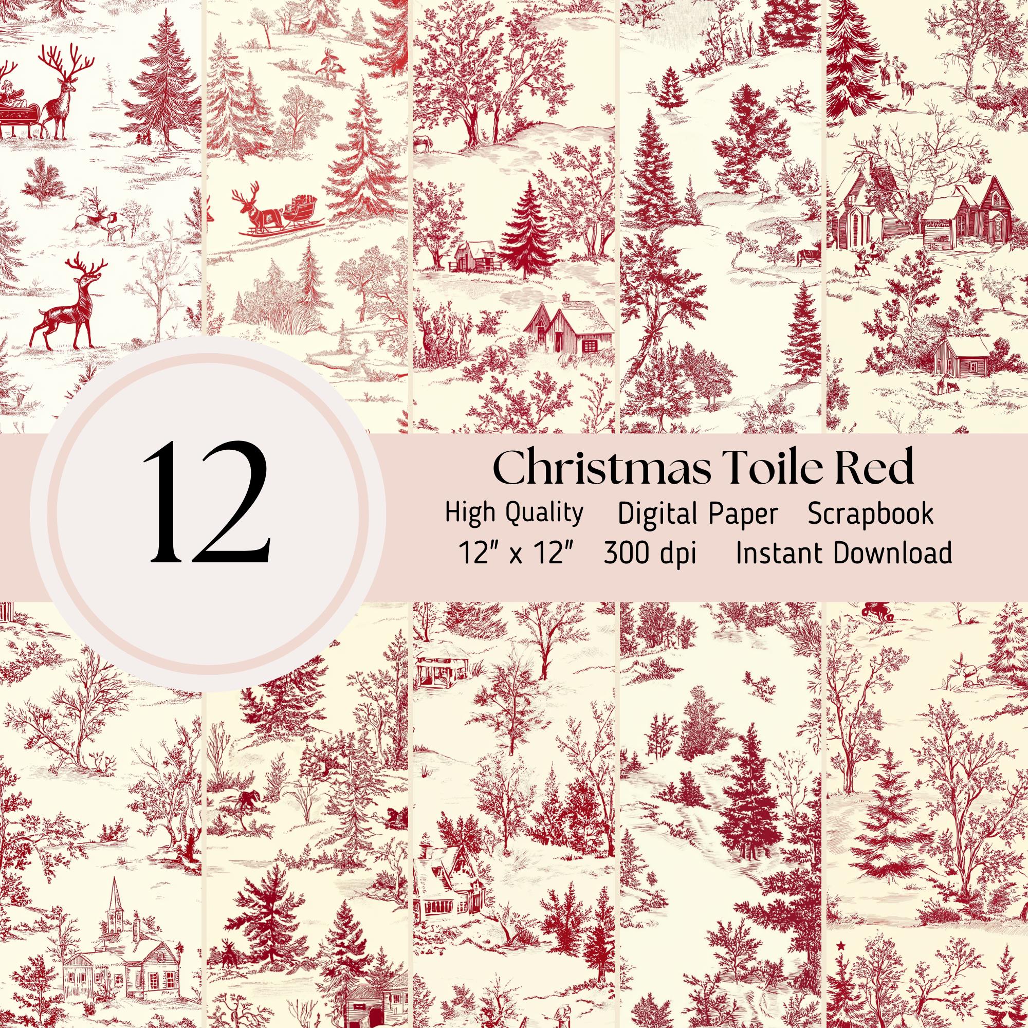 Christmas Toile Digital Download, Red - 12 Pack, Background ...