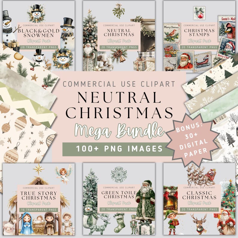 Neutral Christmas Clipart Mega Bundle- 100+ PNG Transparent Files for ...