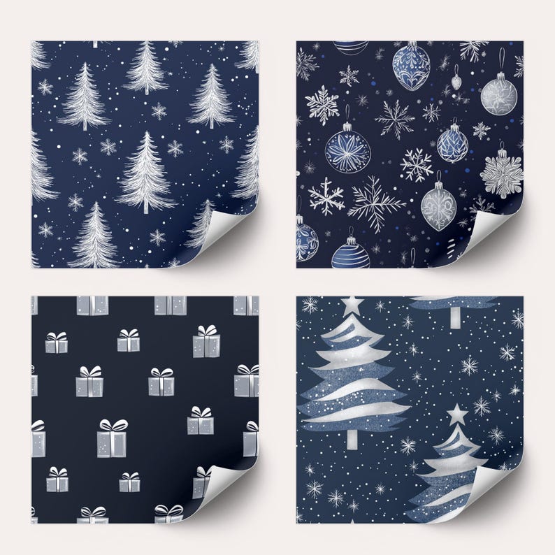 Navy Blue and Silver Christmas- 12 Digital Paper Pack, Pattern ...