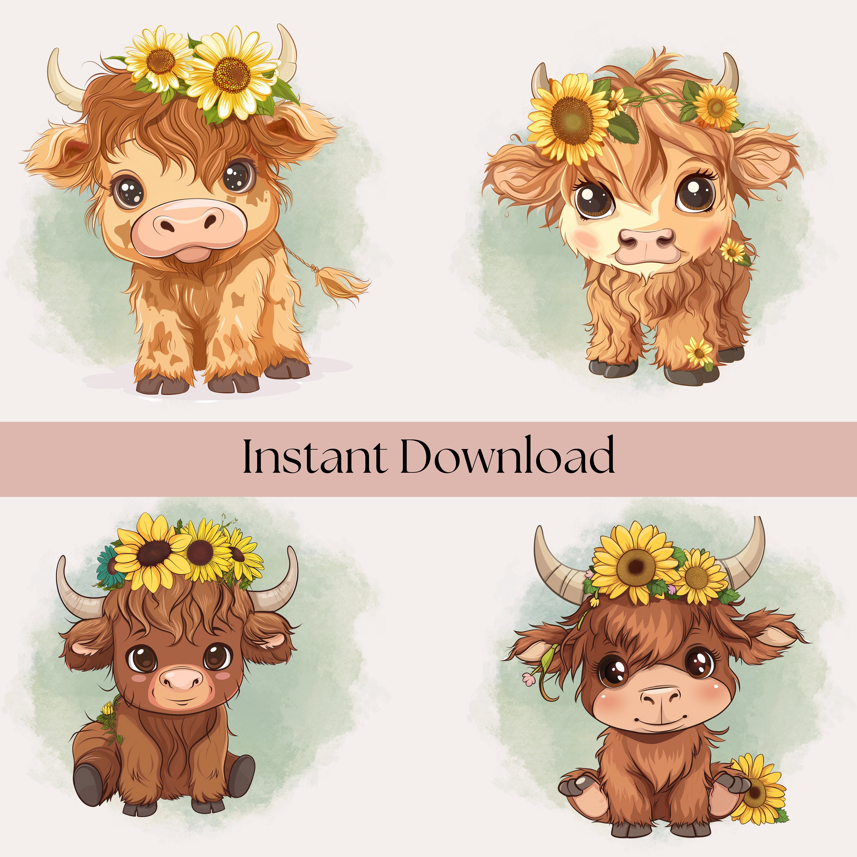 Cute Highland Cows PNG Farm Animal Clipart for Commercial Use ...
