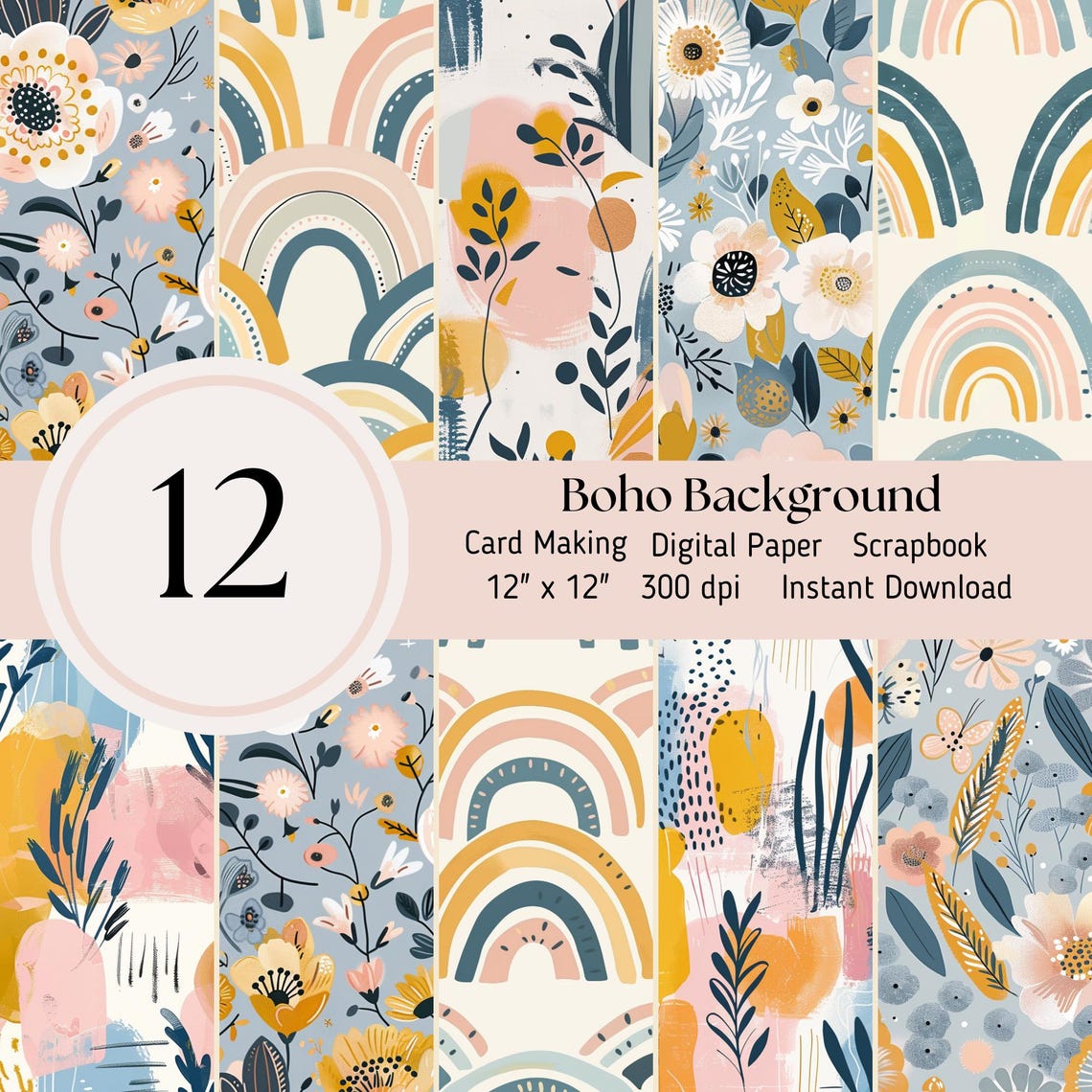Boho Rainbow Watercolor Digital Papers, 12 Pack Scrapbooking Journal ...