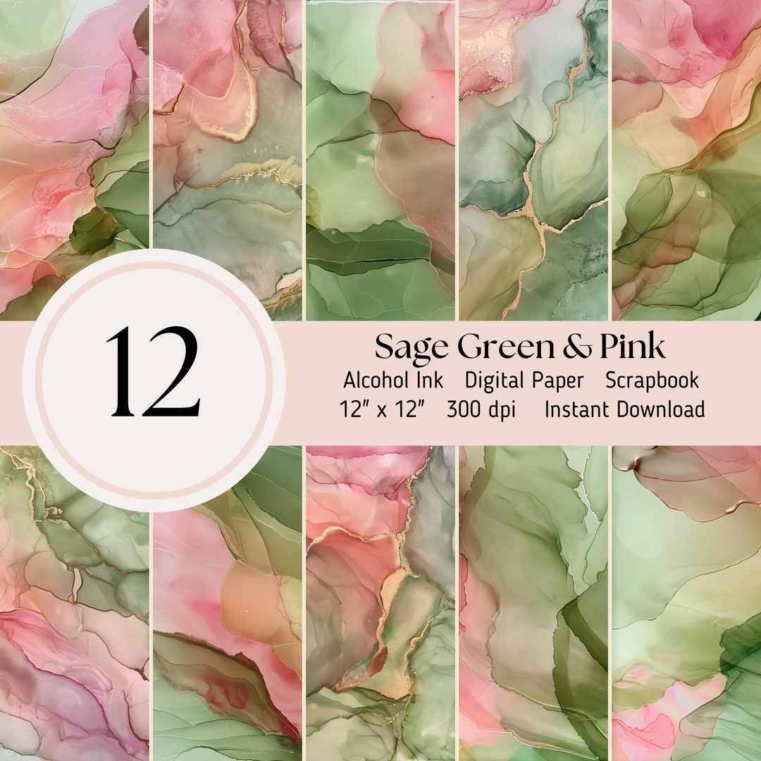 Alcohol Ink Digital Papers, Sage Green and Pink, 12 Pack, Scrapbooking ...