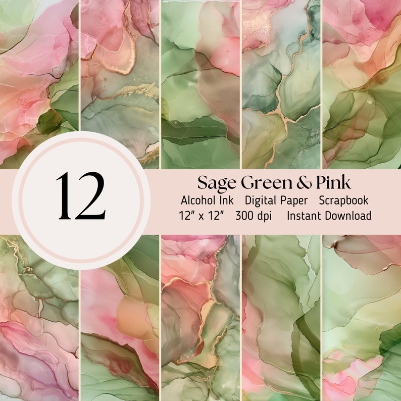 Alcohol Ink Digital Papers, Sage Green and Pink, 12 Pack, Scrapbooking ...