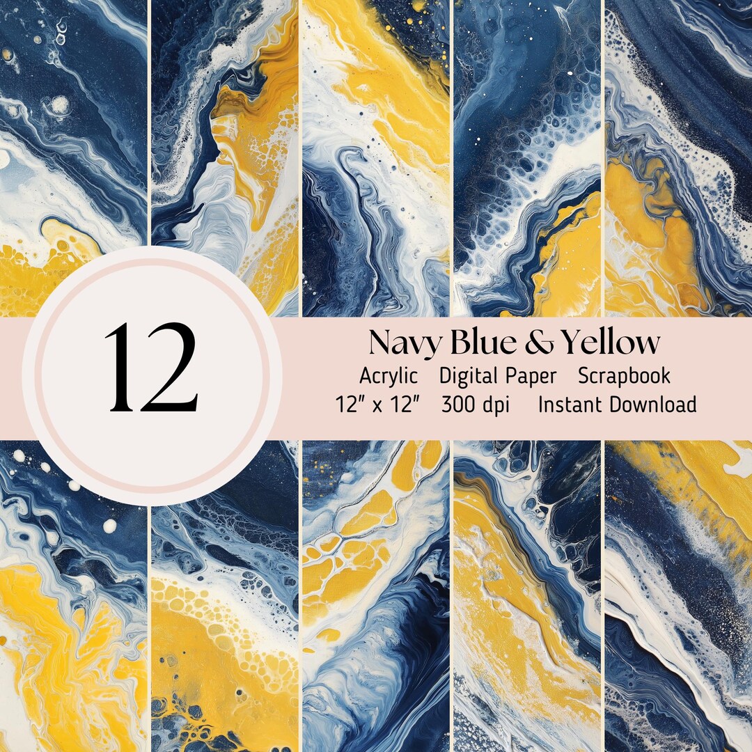 Navy Blue and Yellow Digital Paper- 12 Pack Acrylic Pour, Background ...