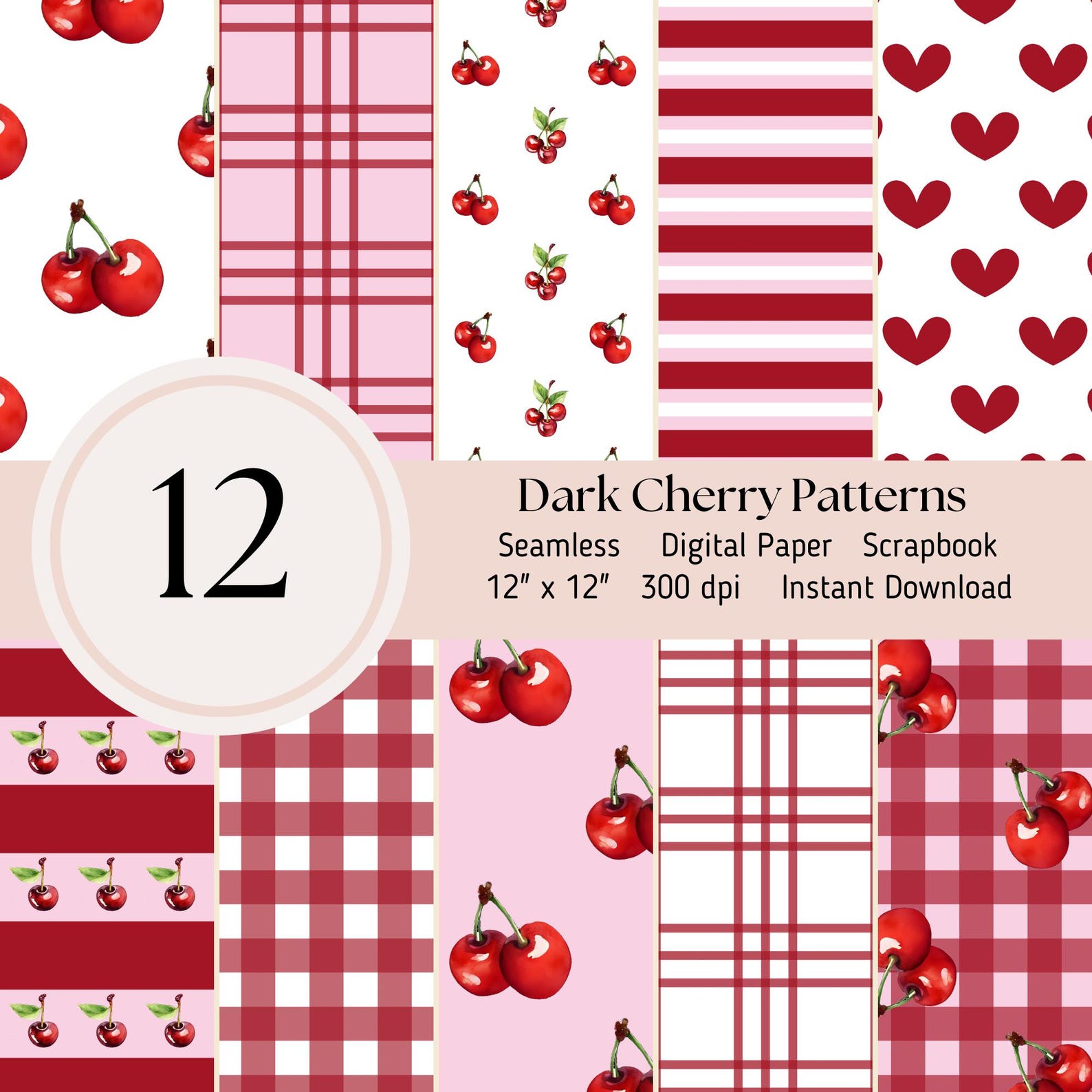 Cherries Seamless File, 12 Cherry Red Patterns, Scrapbooking Card ...