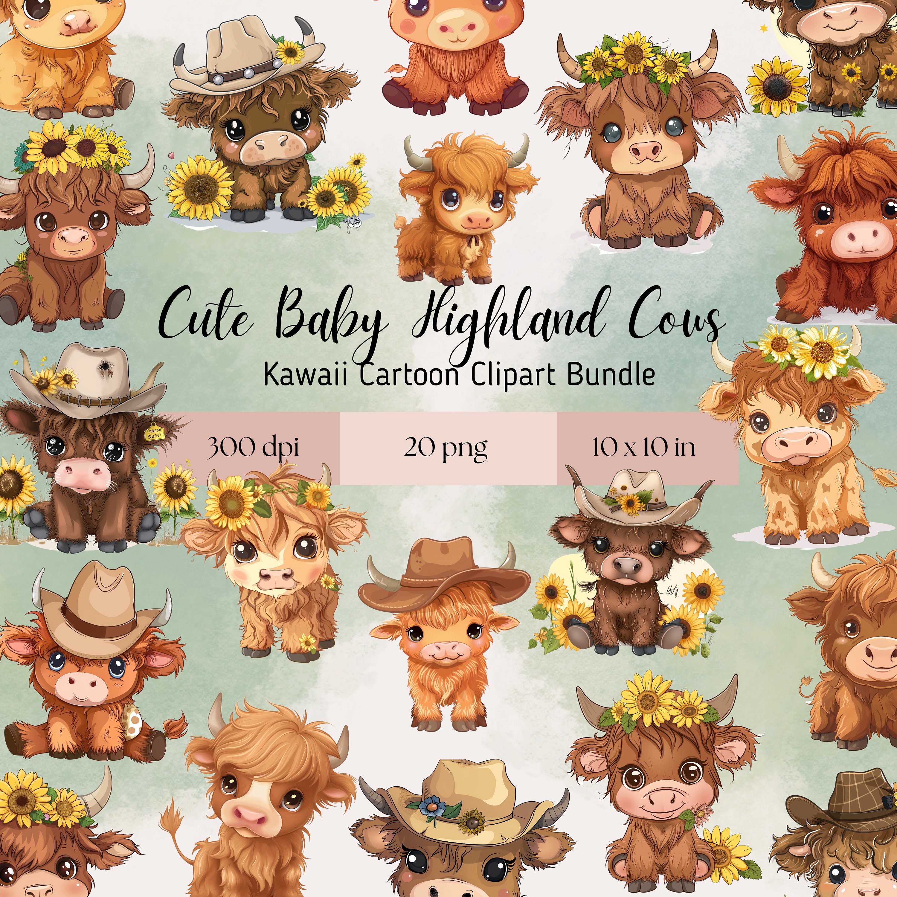 Cute Highland Cows PNG- Farm Animal Clipart for Commercial Use ...