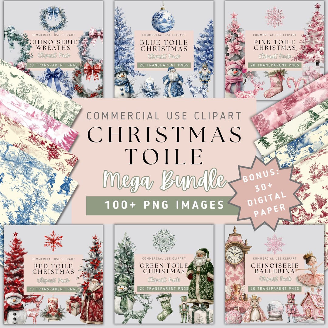 Christmas Toile Holiday Clipart Mega Bundle- 100+ PNG Transparent Files ...