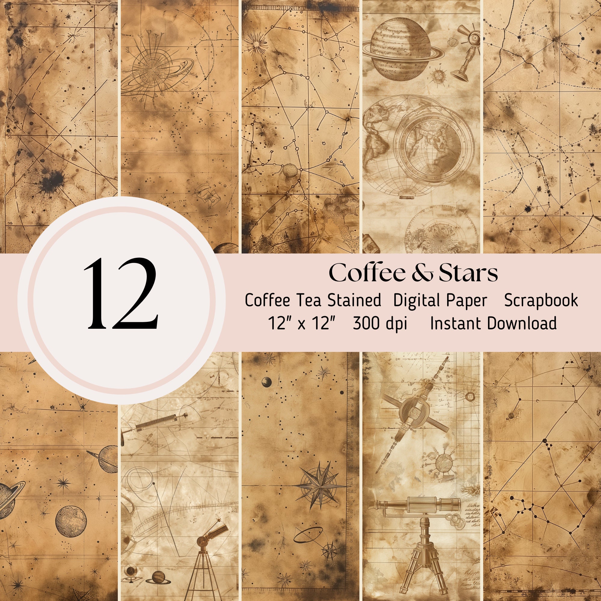 Coffee Tea Stained Digital Paper, With Celestial Prints 12 Pack ...