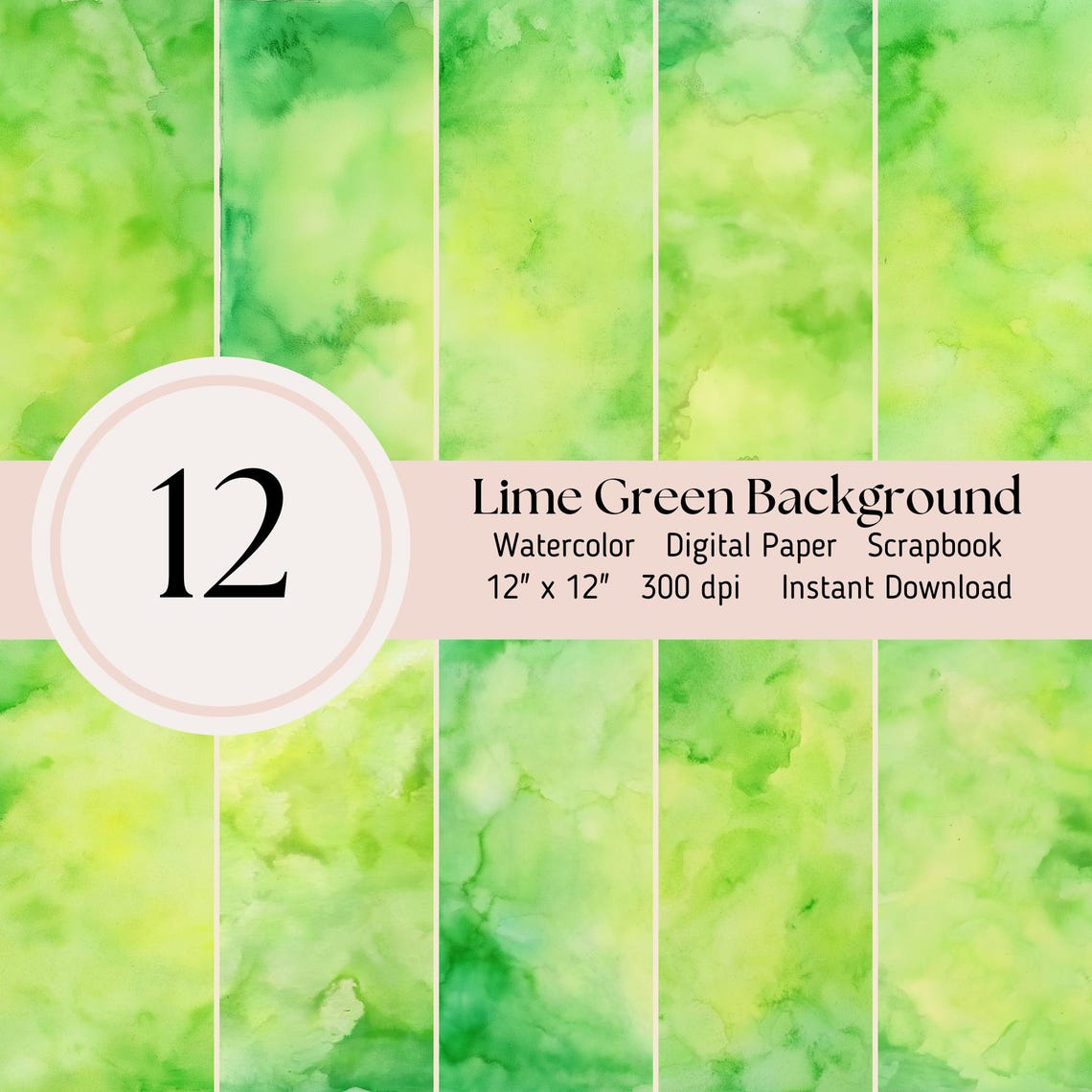 Lime Green Digital Paper - 12 Pack Watercolor Texture Background ...