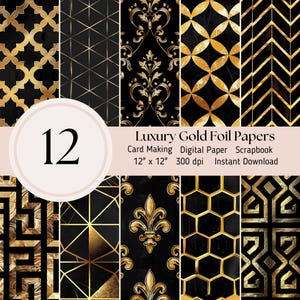 Black and Gold Digital Paper, Luxury, 12 Pack, Scrapbooking Journal ...