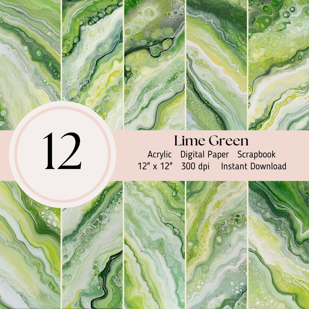 Light Green Digital Paper - 12 Pack Acrylic Pour Patterns, Background ...